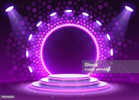 조명 무대 연단 보라색 배경에 시상식을 위한 무대 연단 장면 벡터 일러스트 레이 션 스튜디오 촬영에 대한 스톡 벡터 아트 및 기타 이미지 스튜디오 촬영
