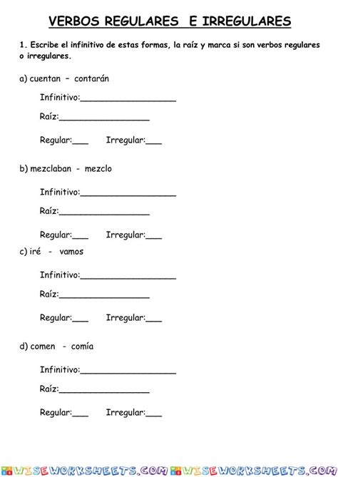 Los Verbos Regulares E Irregulares Worksheet Online Wiseworksheets