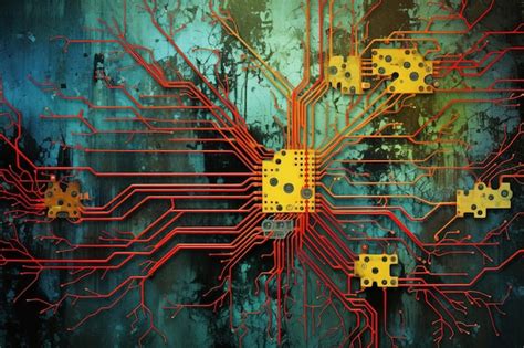 Premium Ai Image Multicolored Neural Network Nodes Superimposed On An Old Weathered Circuit Board