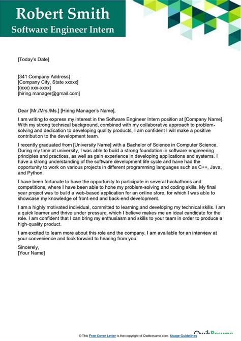 Software Engineer Intern Cover Letter Examples Qwikresume