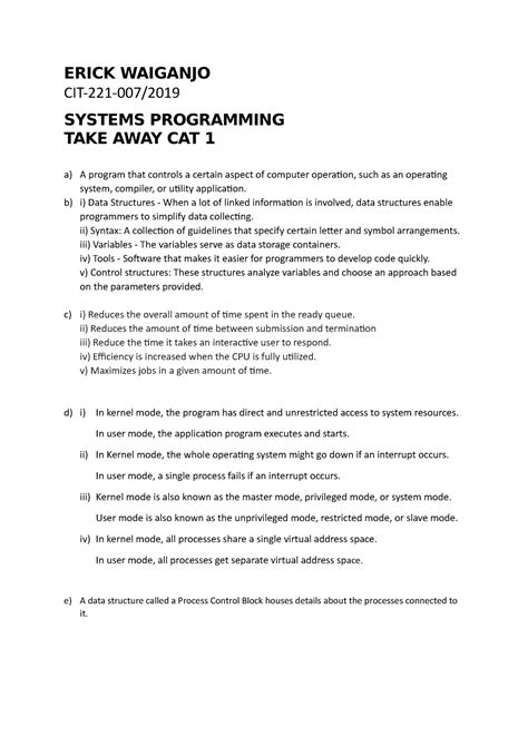 Systems Programming Cat 1 Erick Waiganjo Cit 221 007 Systems Programming Take Away Cat 1 A A