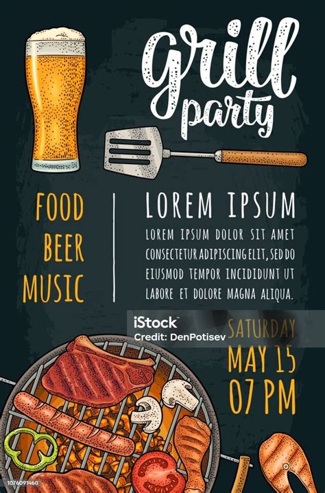 바베 큐와 함께 수직 포스터입니다 파티 붓글씨 필기 글자를 그릴 바베큐그릴에 대한 스톡 벡터 아트 및 기타 이미지 바베큐그릴 바비큐 포스터 Istock