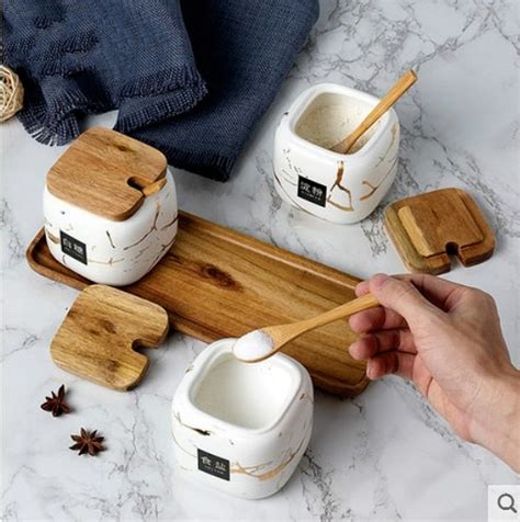 Badu Bg Комплект от 4 части Керамичен буркан за подправки от матов мрамор в скандинавски стил