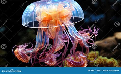 Jellyfish With A Purple Body And Blue Tentacles Is Swimming In The Water With A Blue Background