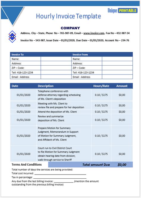 Hourly Invoice Template Free Unique Printable Templates
