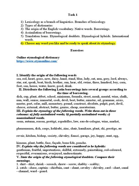 Task 1 Etymology Pdf Linguistics