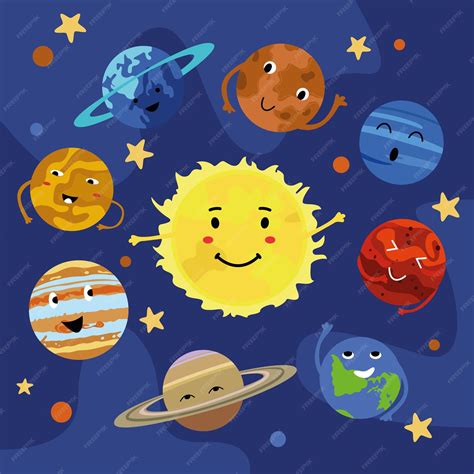 우주에서 귀여운 얼굴을 가진 태양계의 만화 행성 수성 금성 지구 화성 목성 프리미엄 벡터