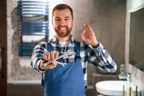 Holding Two Wrenches Muscular Engineer With Naked Torso Stock Photo