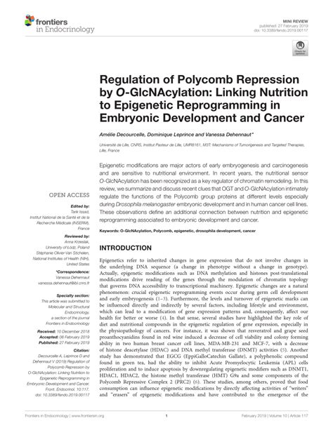 PDF Regulation Of Polycomb Repression By O GlcNAcylation Linking Nutrition To Epigenetic