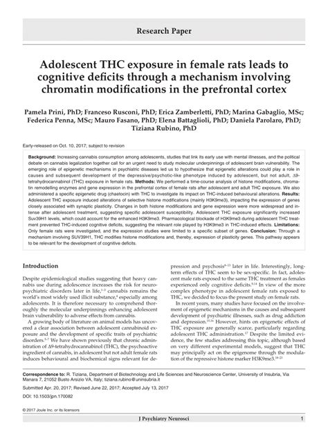 Pdf Adolescent Thc Exposure In Female Rats Leads To Cognitive
