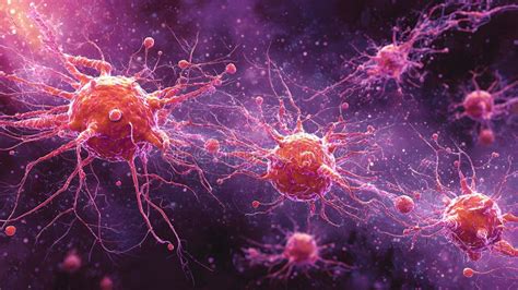 Microscopic View Of Cancer Cells Red Neurons Neurological Disease