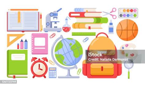 학교 도구 벡터 일러스트 아이콘 세트 학생 또는 학생을위한 학교 용품 및 액세서리의 만화 평면 문구 컬렉션 가방에 대한 스톡 벡터 아트 및 기타 이미지 Istock