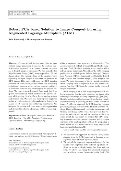 Pdf Robust Pca Based Solution To Image Composition Using Augmented Lagrange Multiplier Alm