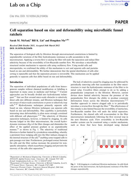 Pdf Cell Separation Based On Size And Deformability Using Microfluidic Funnel Ratchets