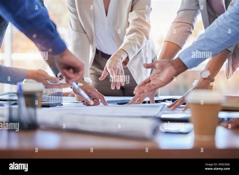 Teamwork Engineering And Hands With Blueprint Planning Construction Project In Office