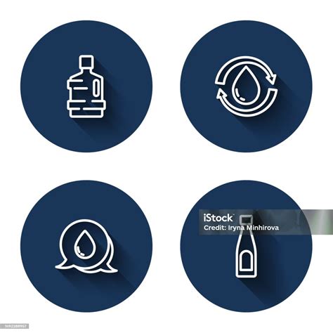 깨끗한 물이 담긴 큰 병 재활용 아쿠아 물방울 말풍선 및 긴 그림자가 있는 병을 설정합니다 파란색 원 버튼입니다 벡터 0명에 대한 스톡 벡터 아트 및 기타 이미지 Istock