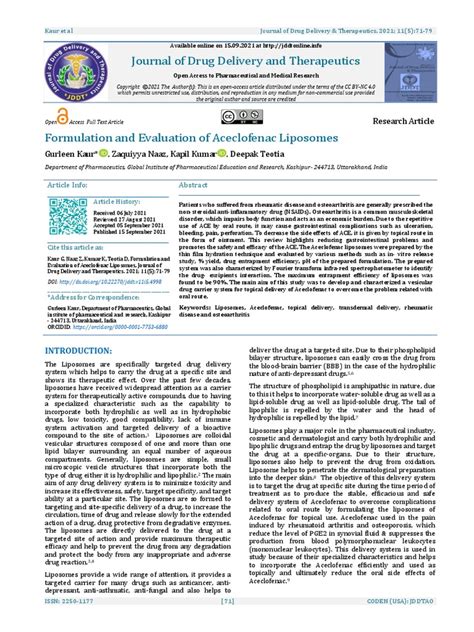 Formulation And Evaluation Of Aceclofenac Liposome Pdf Liposome