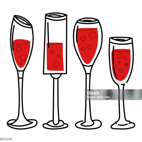 알코올 음료가 담긴 잔 빨간 알코올이 담긴 잔 플랫 벡터 낙서 일러스트레이션 세트입니다 발렌타인 데이 빨간색과 검은 색 흰색 배경에 고립 된 색상 0명에 대한 스톡 벡터
