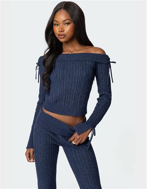 Edikted Chase Fold Over Cable Knit Top Navy Xs Tillys