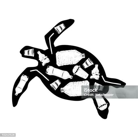 바다 오염 벡터 일러스트입니다 거북이 생태 포스터에 쓰레기 손으로 그린 플라스틱 쓰레기 병 패키지 오염 일회용 접시 짚 바다