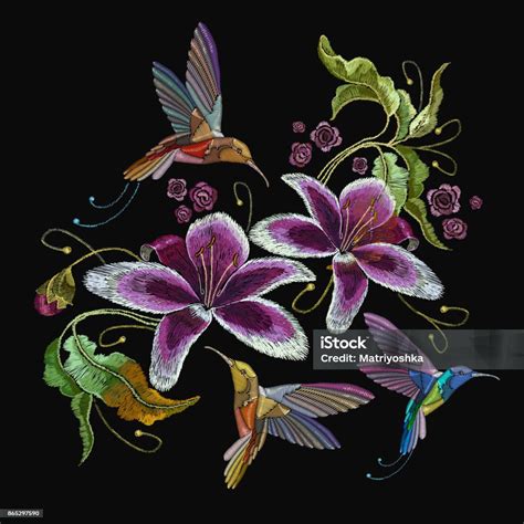 허 밍 버드 고 난초 이국적인 열 대 꽃입니다 아름 다운 클래식 자 수 허 밍 버드 난초 꽃 옷 자 수 T셔츠 디자인 서식 파일 검정색 배경에 대한 스톡 벡터 아트 및 기타
