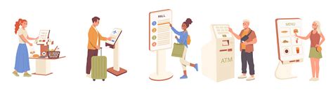 Diverse People Cartoon Character Using Modern Selfservice Terminal For