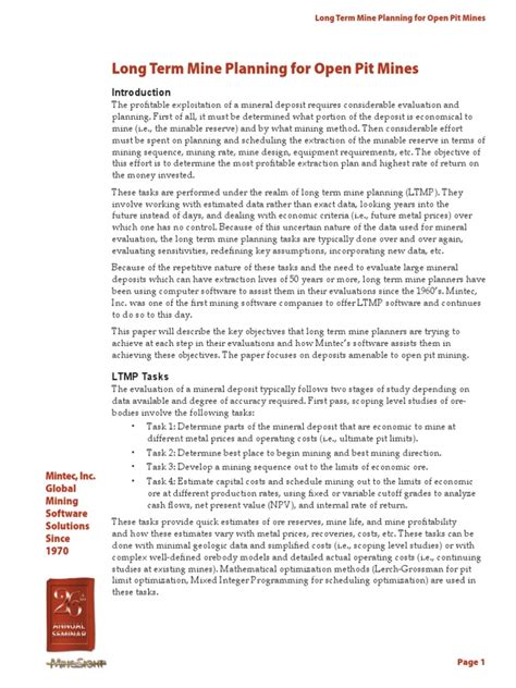 long term mine planning for open pit mines mintec inc global mining