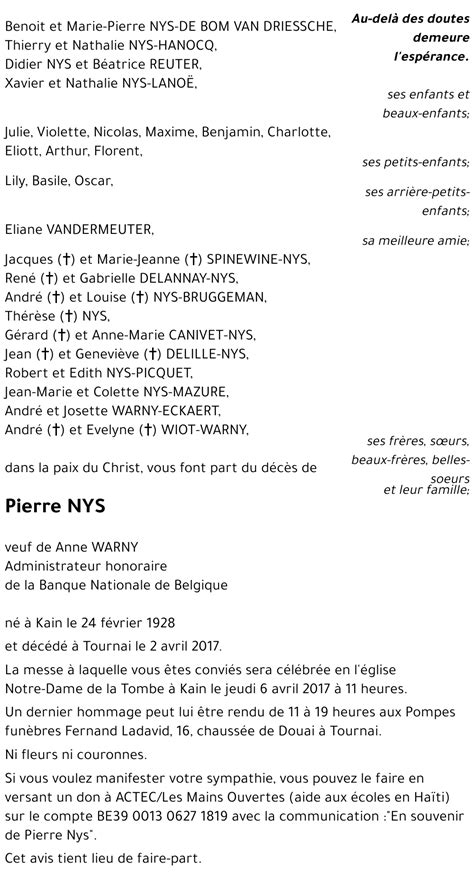 Avis De Décès De Pierre Nys Décédé Le 02042017 à Tournai Annonce