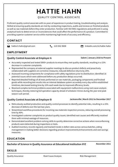Quality Control Associate Resume Cv Example And Writing Guide