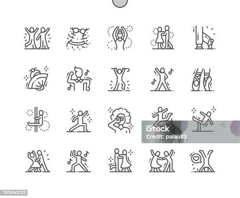 잘 만들어진 픽셀 완벽한 벡터 얇은 라인 아이콘 30 웹 그래픽 및 응용 프로그램을위한 그리드 2 X 춤을 간단한 최소한의 그림