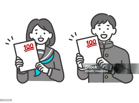 시험에서 100점을 획득하고 배짱 포즈 교복 고등학생 중학생 벼락 학교 행복을 만드는 일본인 학생의 벡터 일러스트 소재 결심에