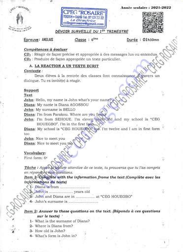 Sujet Devoir Du 1er T Anglais 6Ème 2021 2022 Cpeg Rosaire By Tehuapdf
