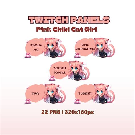 Pink Chibi Cat Girl Twitch Panels Set 22 Premade Chibi Cat Girl Stream