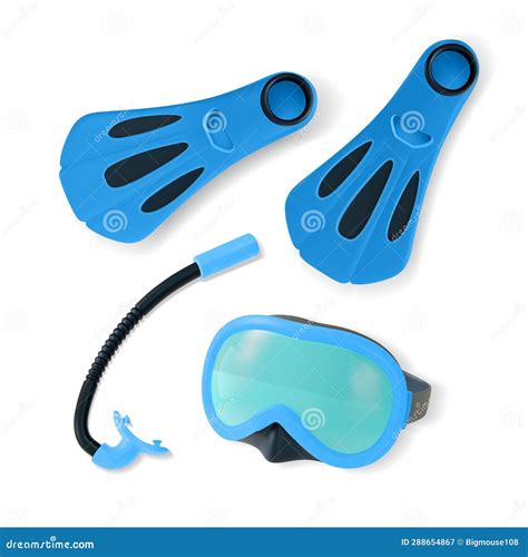 3d Blue Diving Mask Snorkel And Fins Set Cartoon Style Vector Stock