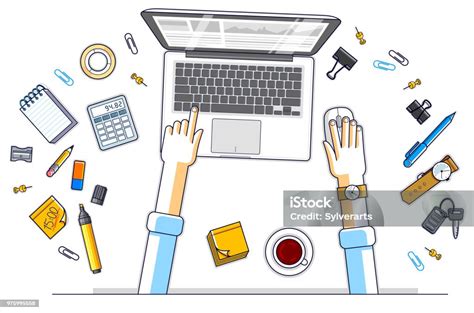 회사원 또는 노트북 컴퓨터 인간의 손과 다양 한 편지지 개체 작업 영역 책상의 최고 보기에서 작업 하는 기업 모든 요소는 별도로 사용 하기 쉽습니다 벡터 일러스트입니다