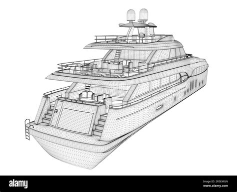 Wireframe Of A Large Luxury Yacht From Black Lines Isolated On A White Background Back View 3d