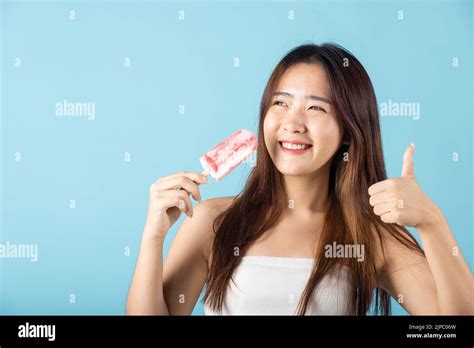 Sweet Tasty Frozen Dessert Icecream On Summer Time Happy Asian Young