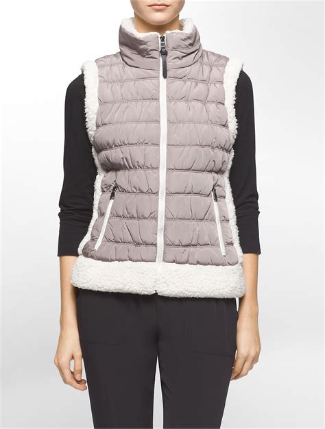 Calvin Klein White Label Performance Faux Shearling Trim Puffer Vest In