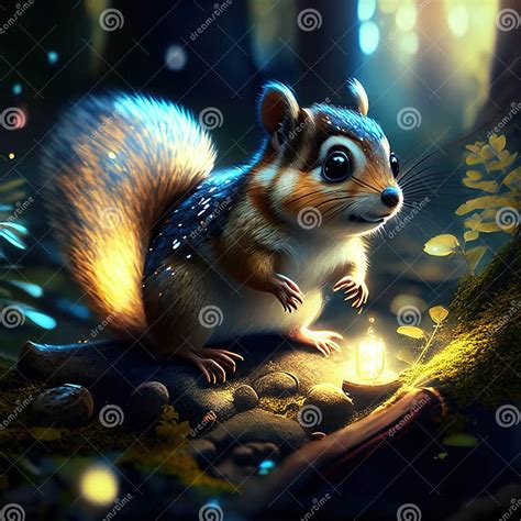Squirrel In The Night Forest 3d Rendering Computer Digital Drawing Stock Illustration