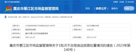 重庆市綦江区市场监督管理局关于1批次不合格食品核查处置情况的通告（2023年第140号） 中国质量新闻网