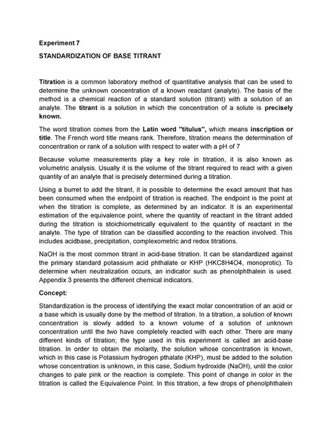 Standardization Of Base Titrant Experiment 7 Standardization Of Base