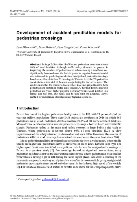 Pdf Development Of Accident Prediction Models For Pedestrian Crossings Piotr Szagała