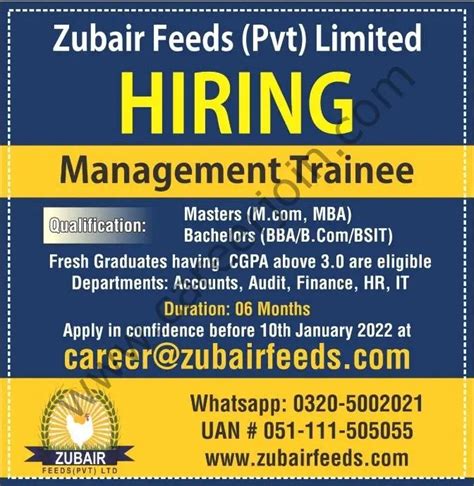 Zubair Feeds Pvt Ltd Jobs Management Trainee