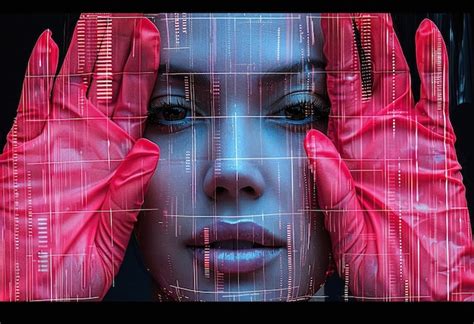 Closeup Of A Womans Face With Digital Code Overlay And Redgloved Hands
