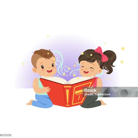 두 명의 작은 아이 들 판타지 이야기와 마법의 책을 읽고 소년과 소녀 캐릭터 만화 유년기와 아이 상상력 개념입니다 평면 벡터