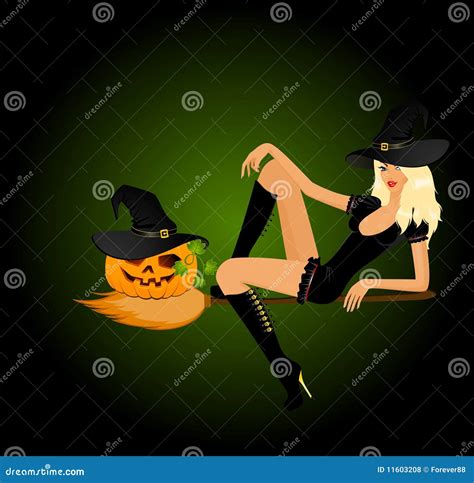 Witch On A Broom With Pumpkin Stock Vector Illustration Of Witch