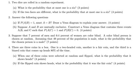 solved 1 two dice are rolled in a random experiment a
