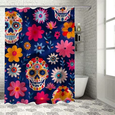 Akjvoe Red Kawaii Cute Cartoon Sugar Skulls Shower Curtain Set Machine