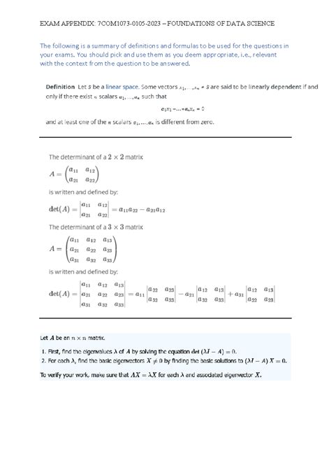 Exam Appendix The Following Is A Summary Of Definitions And Formulas
