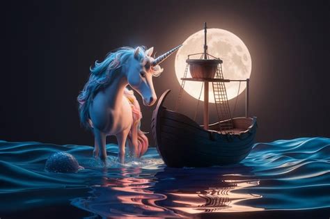Premium Vector Unicorn Near The Ship Against The Background Of A